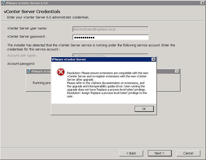 ‘Replace a process level token Privilege.’ – Windows vCenter 6.5 ...